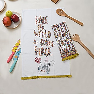 TARAN LIVING Printed Kitchen Dish Bar and Tea Towels Cotton, 18x28 inch with Trims, Cotton Dish Towel Sets (Yellow & White, Set of 2)