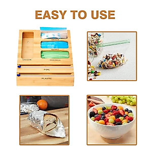 YoBa Bamboo Ziplock Bag Organizer for Drawer with Plastic Wrap Dispenser, Compatible with Gallon, Quart, Sandwich, Snack and Aluminum Foil Roll