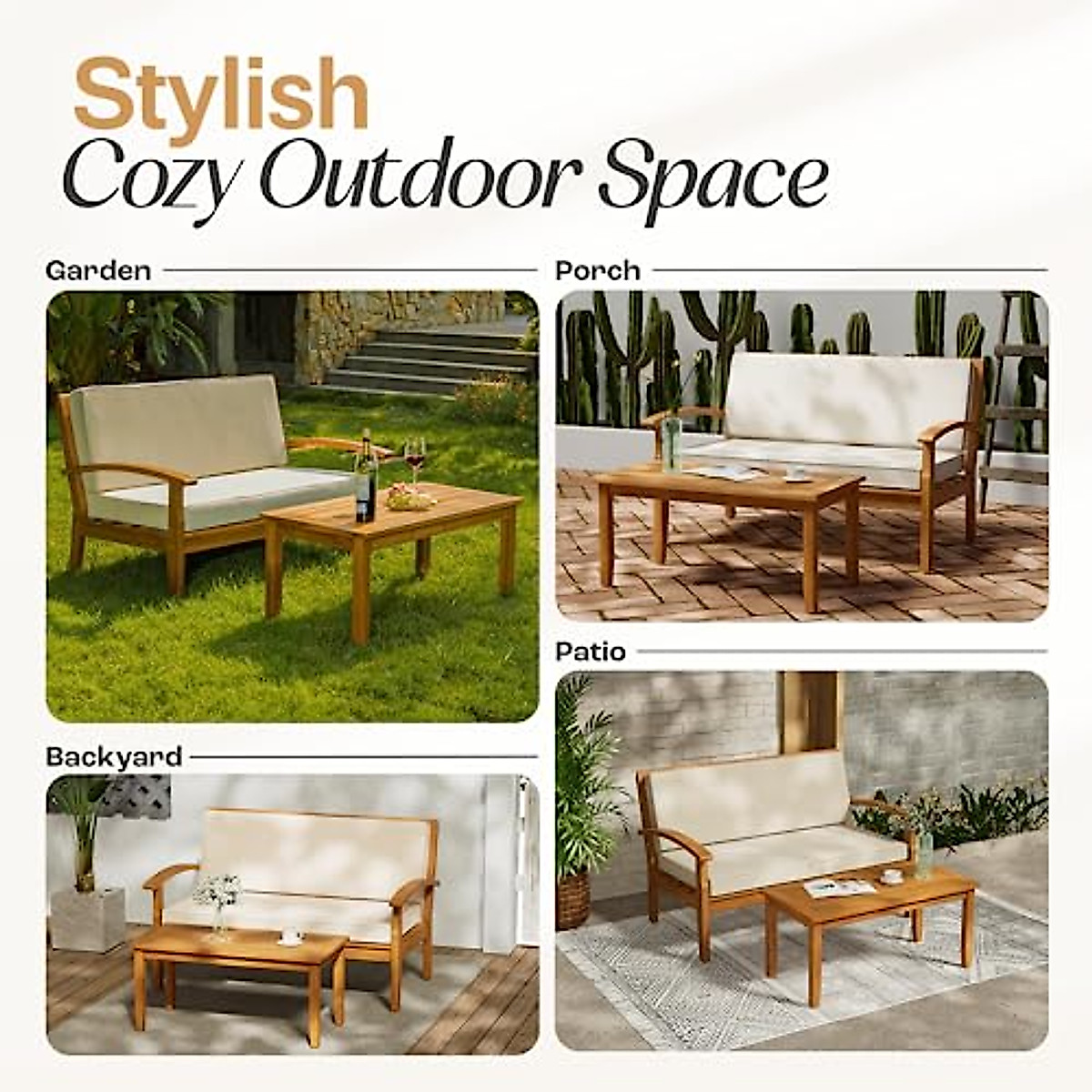 IDZO Laurent 3 Piece Acacia Wood Patio Furniture Set, 1 Outdoor Loveseats + 2 Outdoor Club Chairs, Teak Finish Wooden Patio Furniture Set with 3.9in Thick Soft Cushions for Porch Patio Garden