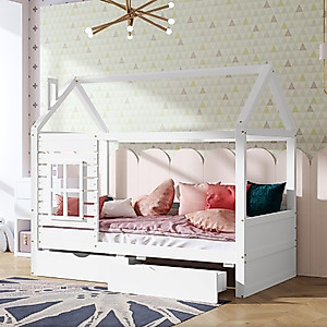 Aoowow Twin Size Kids House Bed with 2 Drawers, Wooden Platform Twin Bed Frame with Window and Roof for Bedroom, Modern Twin Size Kid Playhouse Bed with Slats for Boys Girls, Can be Decorated, White