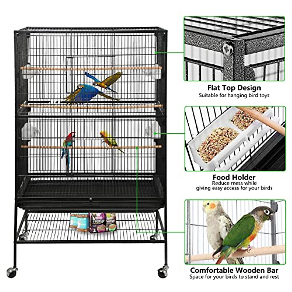 Jhsomdr Bird Cage 52 Inch Standing Wrought Iron Large Parrot Cage for Cockatiels African Grey Quaker Parrotlet Green Cheek Indian Ring Neck Pigeons Parakeets Flight Cage with Rolling Stand