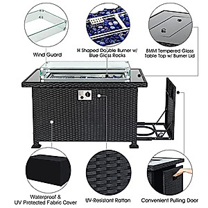 Propane Gas Fire Pit Table with Wind Guard for Outdoor, Auto-Ignition Firepits 43'' Rattan Table 50,000 BTU, Black