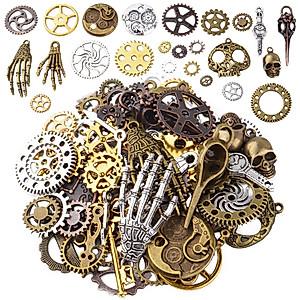 100g(Approx 76pcs) Assorted Colors Antique Metal Steampunk Clock Gear Cog Wheel Skull Key Skull Hand Safety Pin Charms Pendant Jewelry Charms for Craft Jewelry Making Accessory