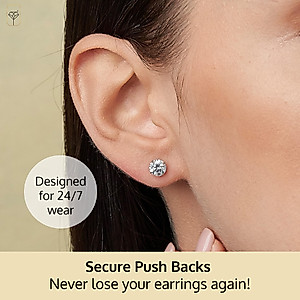 MAX + STONE 14k Solid White Gold Stud Earrings for Women & Men with CZ | Real 14k Gold Cubic Zirconia Earrings Studs with Secure Butterfly Backs | Anti-Tarnishing Cubic Zirconia Studs | Size - 6.5MM