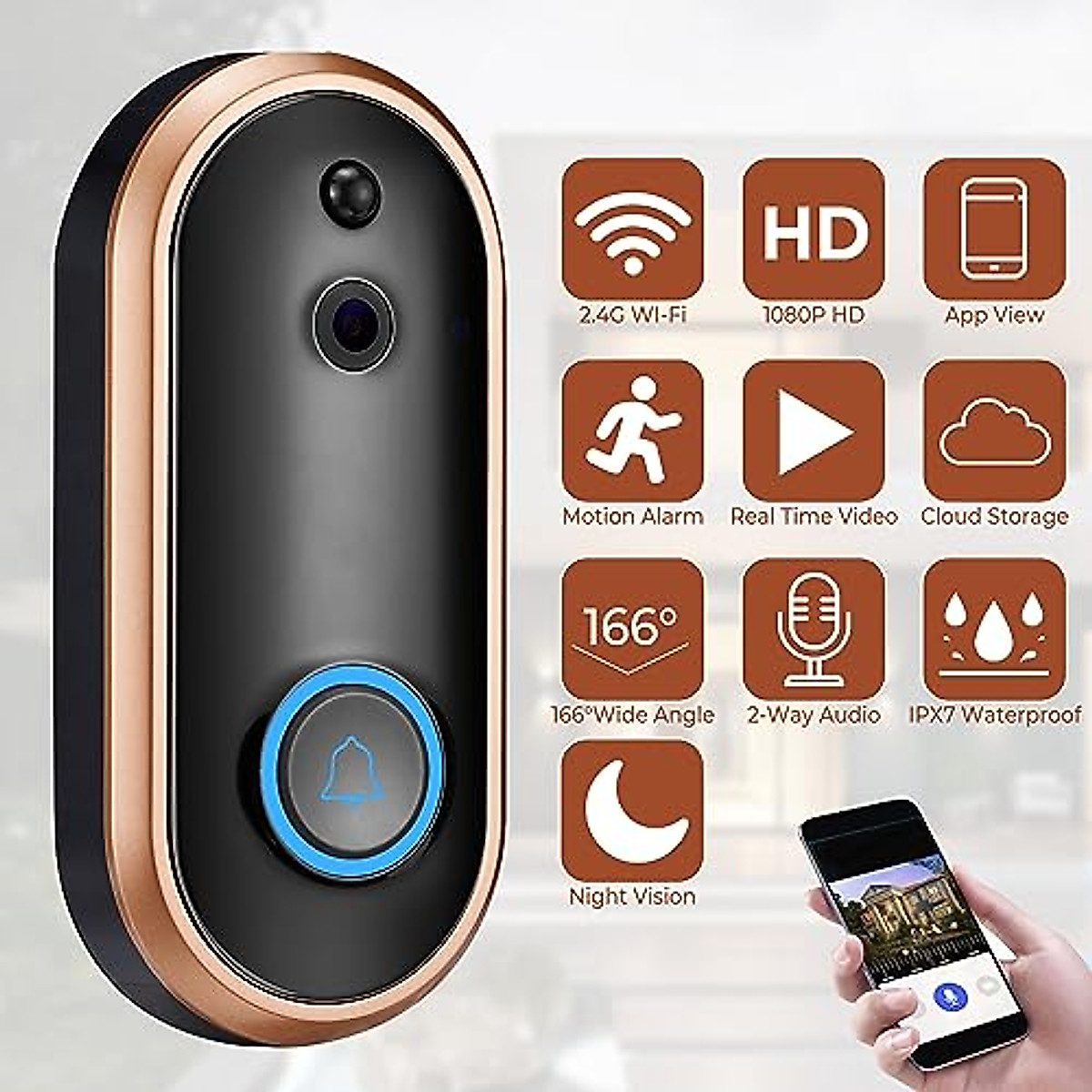 Atopskins Ring Video Doorbell Camera Wireless, 1080P Door Bell Cameras Wireless with Buzzer, AI Smart Human Detection, 2-Way Audio, Voice Changing, 1080P Night Vision, Cloud Storage, Alert, SMS Push