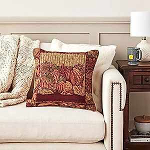 Violet Linen Incorporated Fall Harvest Collection-Tapestry Pumpkins and Autumn Leaves Design Throw-Pillows, 18" X 18"
