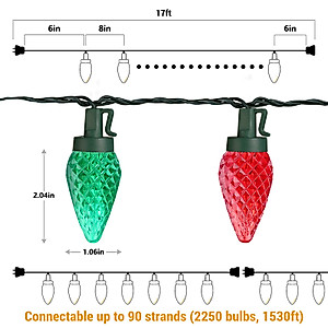 Brizled C9 Christmas Lights, 16ft 25 LED Faceted C9 Christmas Lights, Connectable Indoor Outdoor Xmas String Lights, 120V UL Certified for Tree Backyard Garden Porch Party & Holiday Decor, Red & Green
