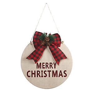 Merry Christmas Wreath Hanging Sign Front Door Round Wood Sign with Buffalo Check Bow, Rustic Xmas Linen Holiday Decor for Farmhouse Porch Living Room Home Garden Christmas Decoration.