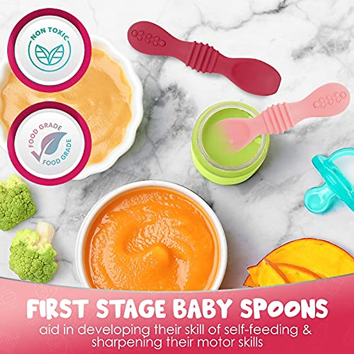 Silicone Baby Spoons for Baby Led Weaning 4-Pack, First Stage Baby Feeding Spoon Set Gum Friendly BPA Lead Phthalate and Plastic Free, Great Gift Set (Pink)