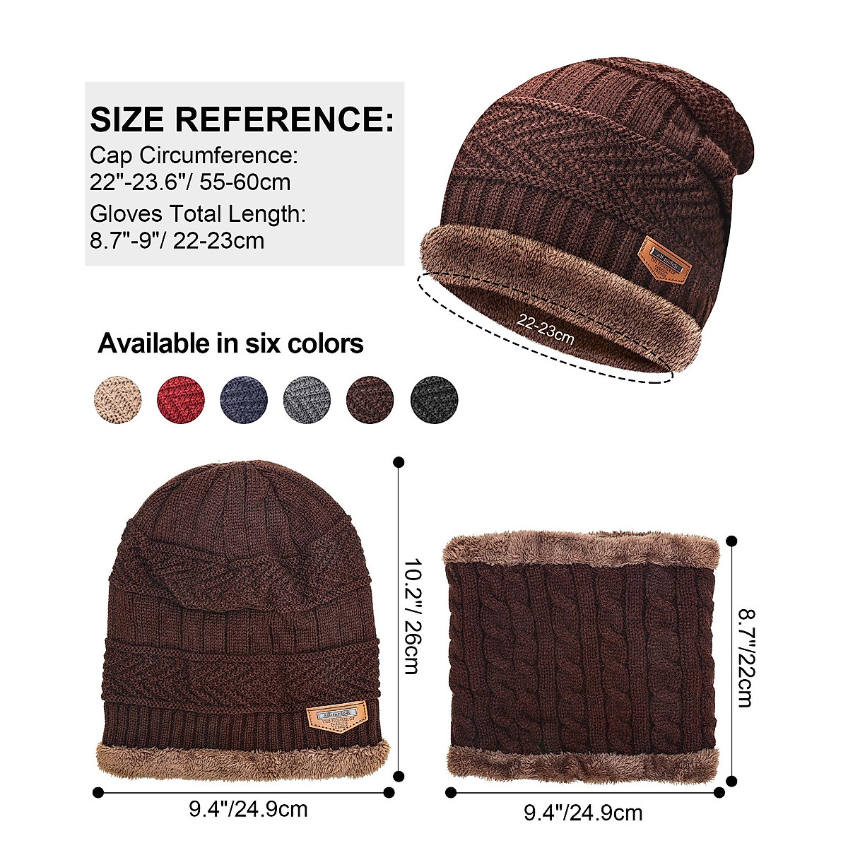 6 Pack Winter Beanie Hat Scarf Set Stylish Knit Skull Caps for Men Women Fleece Thick Lined Neck Warmer, 6 Colors