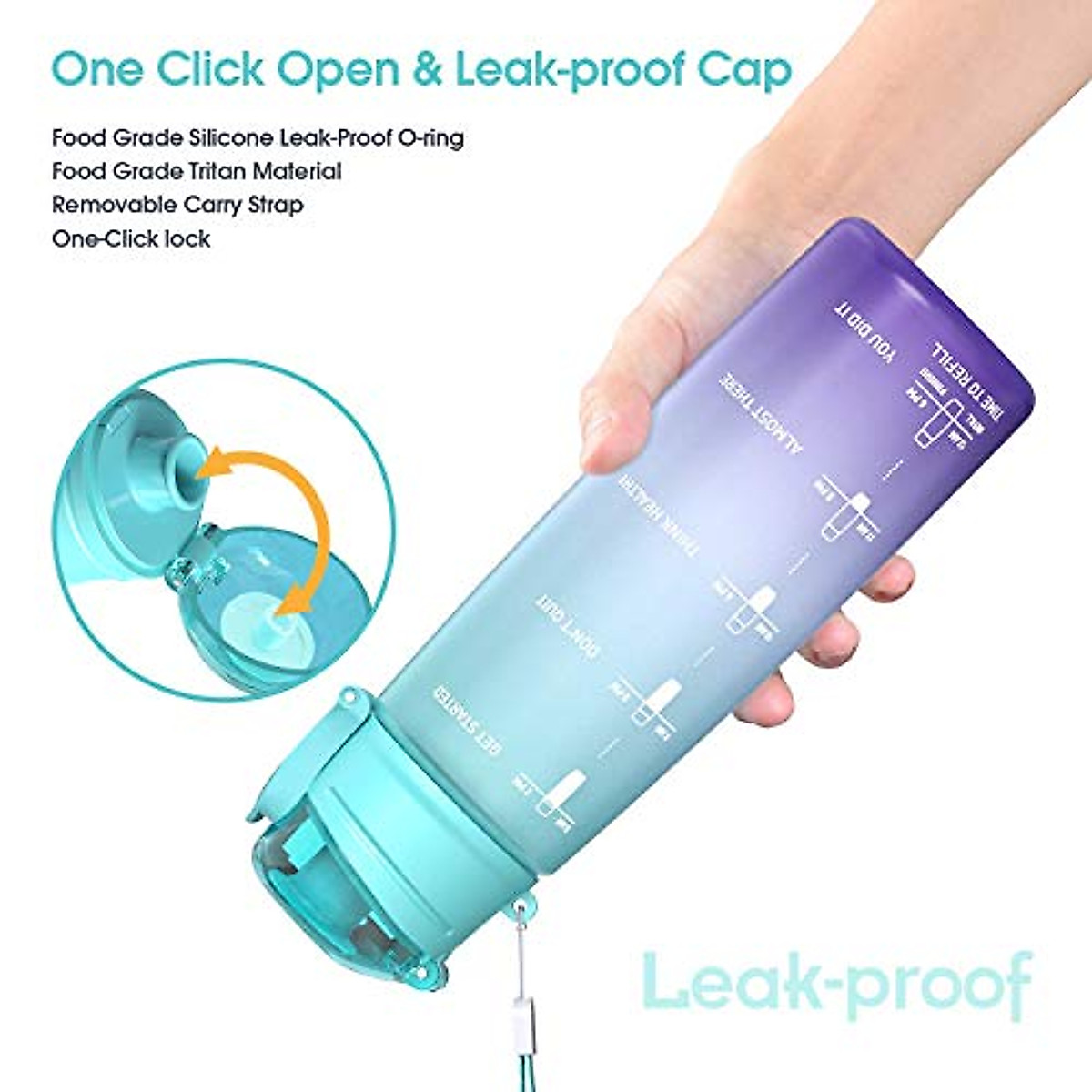 Y&3 32oz Motivational Fitness Sports Water Bottle With Time Marker, BPA Free Tritan Plastic, Leakproof Flip Top, For Gym, Outdoor, Office Work (Green/Purple Gradient, 32oz)