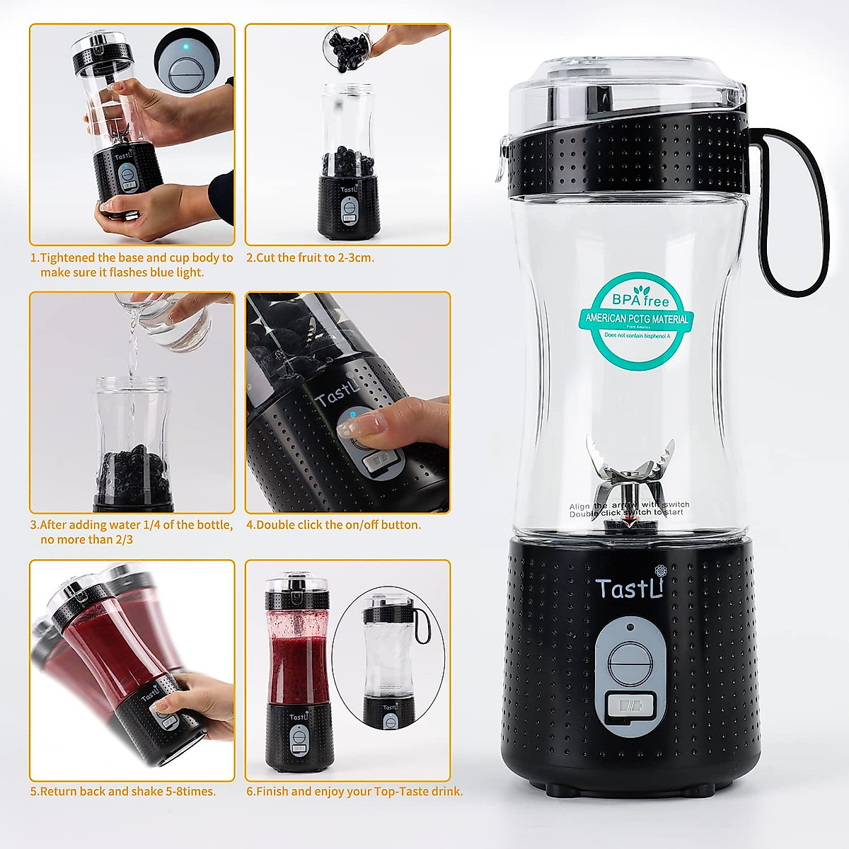 Personal Blender, Smoothie Blender Portable Small Mini Blender Bottles shaker for Shakes, Smoothies and Protein mixes, Cordless, Rechargeable for kitchen Sports Travel with Ice Tray (Black pro)