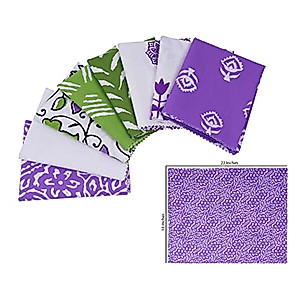 Soimoi 8 Pc Fat Quarter Bundle - Asian Block Print 18"x 22" DIY Patchwork- 100% Cotton Pre-Cut Quilting Fabric (Green & Purple)