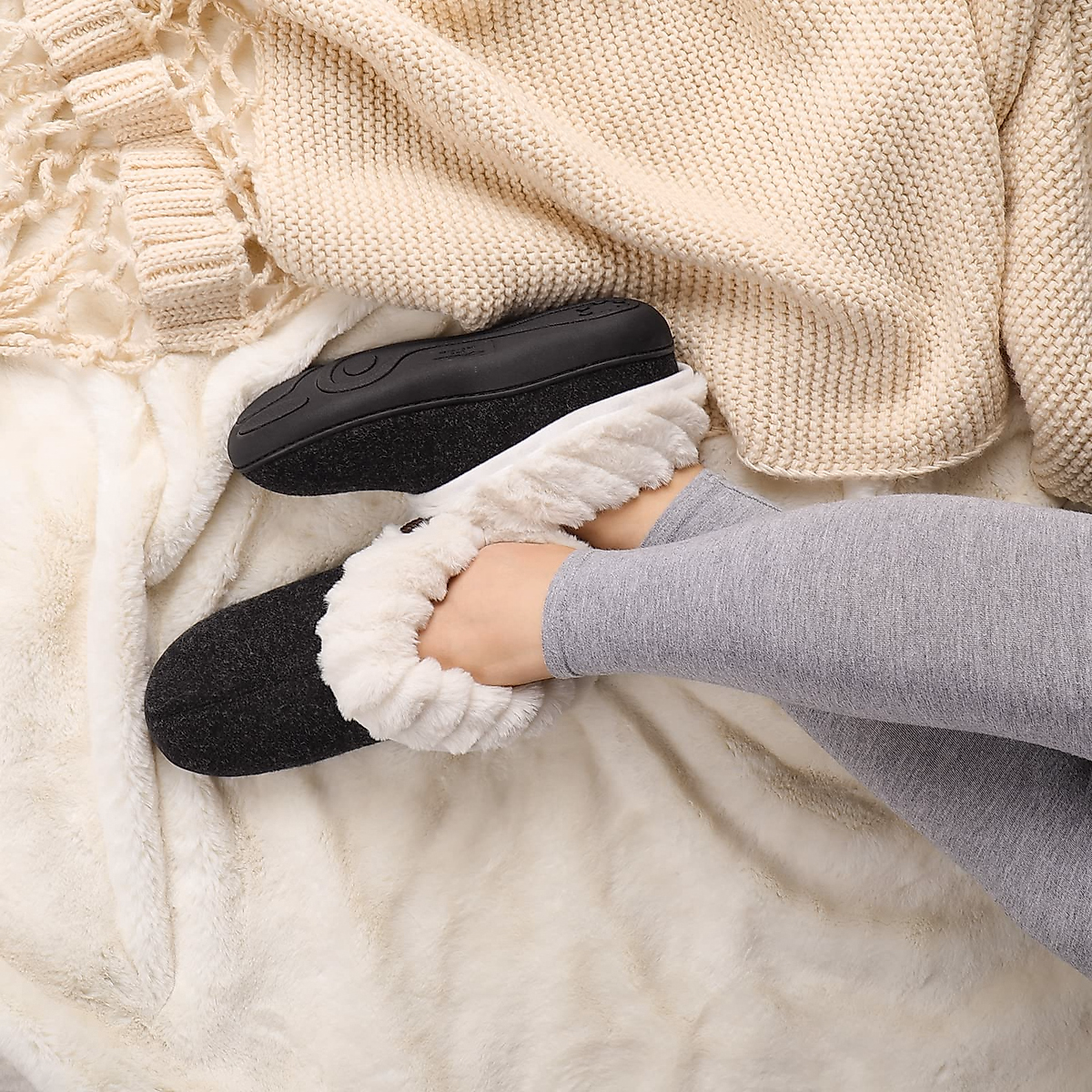 Wishcotton Women's Wool Cozy Memory Foam Winter Slippers Indoor Outdoor with Fuzzy Faux Fur Collar, Black, Size 9