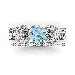 Clara Pucci 2.1ct Round Pear Cut Laser Engraving 3 stone Natural Aquamarine Designer Statement Ring Band Set 18K White Gold Size 8.75