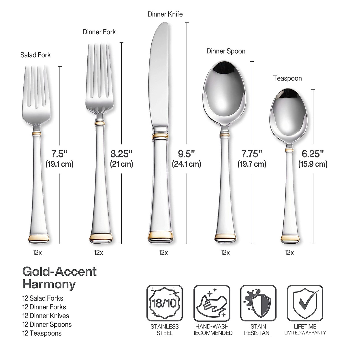 Mikasa Harmony 65-Piece Stainless Steel Flatware Set with Serveware, Service for 12, Gold-Accent