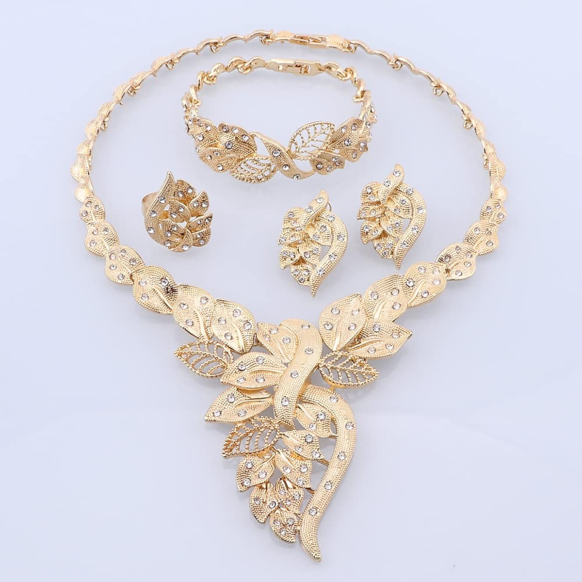 NA African Dubai Gold Jewelry Nigerian Crystal Necklace Hoop Earrings Ring Women Italian Bridal Jewelry Sets Wedding Accessories (Gold)