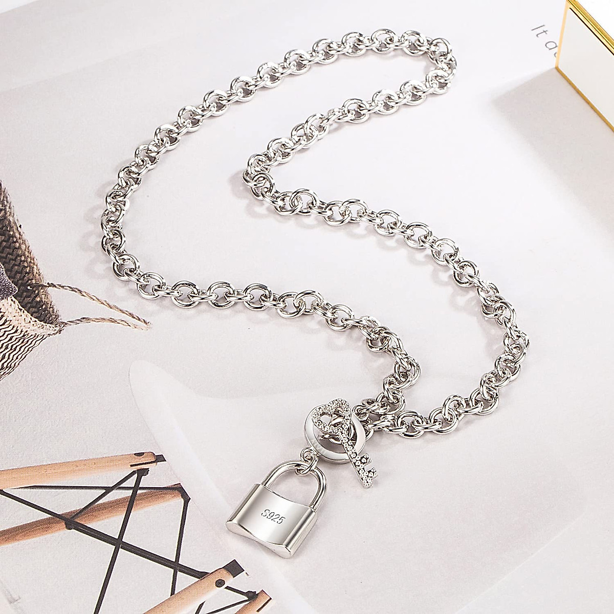 Dankadi Women 925 Sterling Silver Key Lock Pendant Necklace Fashion Solid Silver Rolo Chain Charm Choker Accessories Fine Jewelry Gift (18 inches)