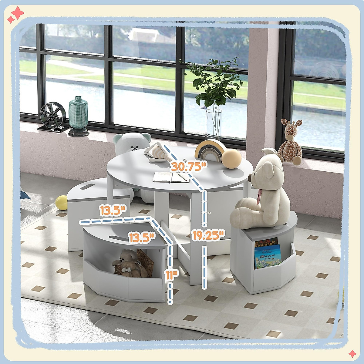 Qaba Kids Table and Chairs Set, 5 Piece Toddler Table and Chairs Set with Storage for Art, Craft, Drawing, Playroom, Classroom, Nursery, Gray