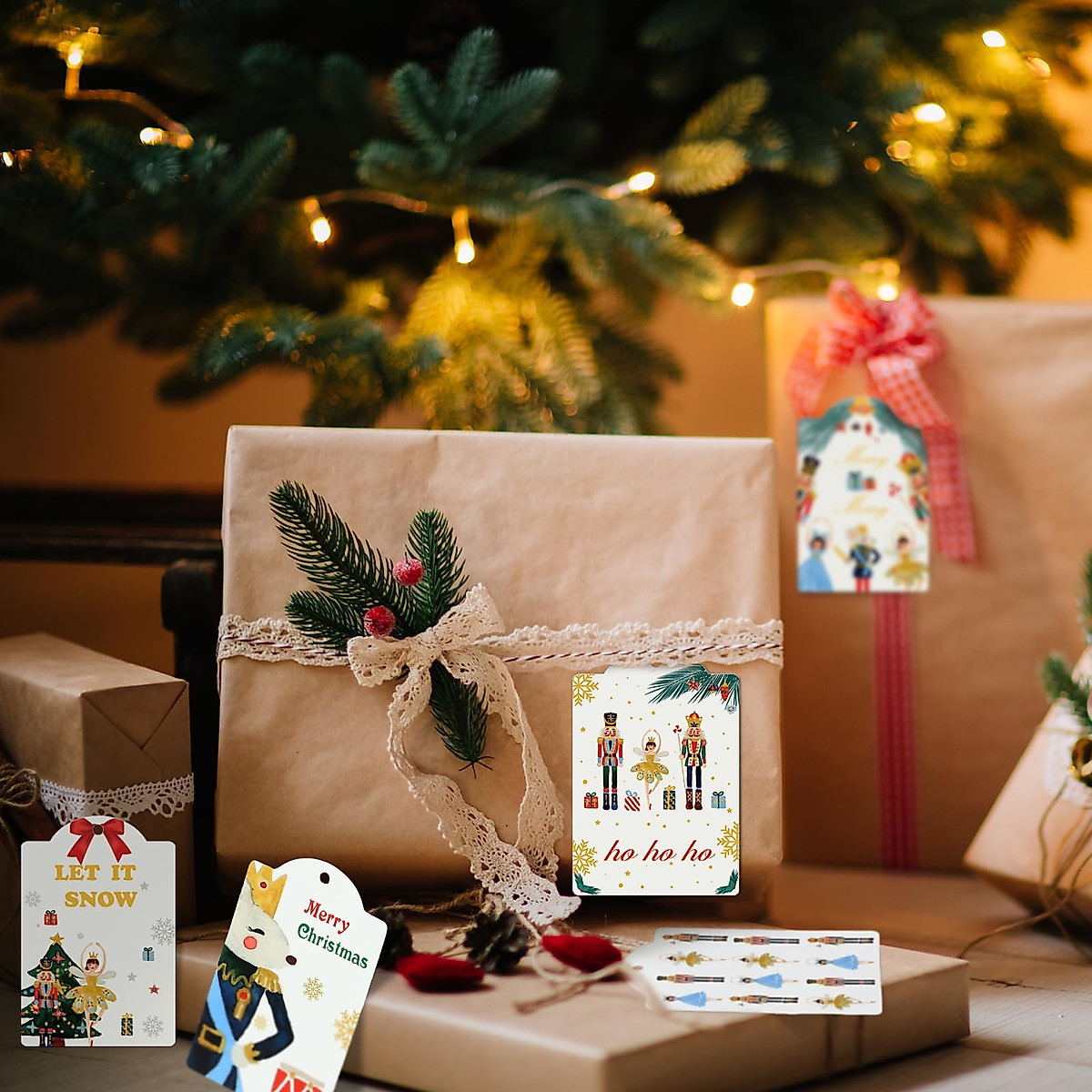 Yeaqee 120 Pcs Nutcracker Christmas Gift Tags with String Holiday Paper Name Tags Nutcracker Favor Tags Hanging Tag Labels for DIY Xmas Present Wrapping Party Decorations(White)