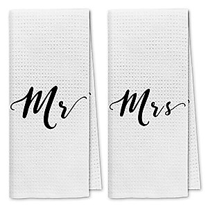 DIBOR Love Quote Mr. And Mrs. Bath Towels,Love Decorative Absorbent Drying Cloth Hand Towels Tea Towels Dishcloth For Bathroom Kitchen,Funny Couples Wedding Anniversary Valentine Gifts(White,Set of 2)