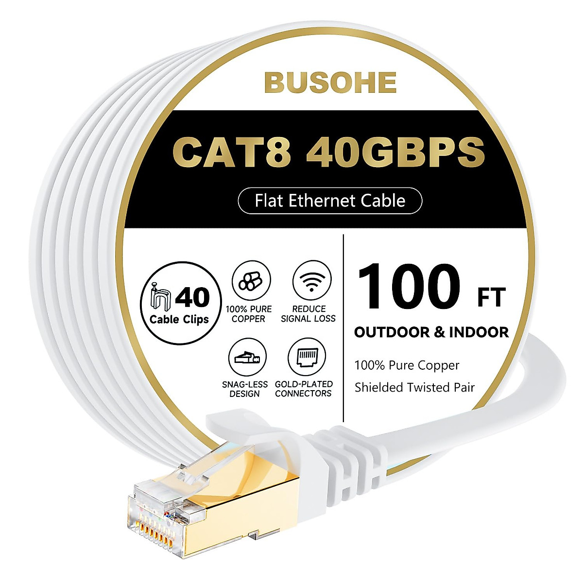 BUSOHE Cat 8 Ethernet Cable 100 FT, 40Gbps 2000Mhz High Speed Flat Cat8 Cable Patch Cord with Gold-Plated RJ45 Connector, LAN Network Internet Cable with 40 Clips for Router/Gaming/Computer, S/FTP