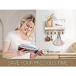 Rebee Vision Farmhouse Key Holder for Wall - Decorative Mail Organizer and Retro Key Hanger for Wall - 5 Sturdy Key Hooks with Small Floating Shelf for Rustic Apartment Essentials (Natural Wood)