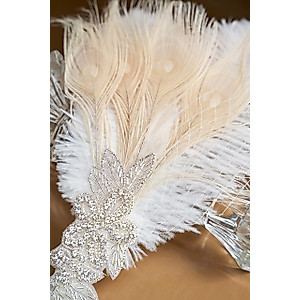 BABEYOND Women's Peacock Gatsby Party Wedding Headband with Ribbon Flapper Costumes Accessories Peacock Headband with Feather Apricot