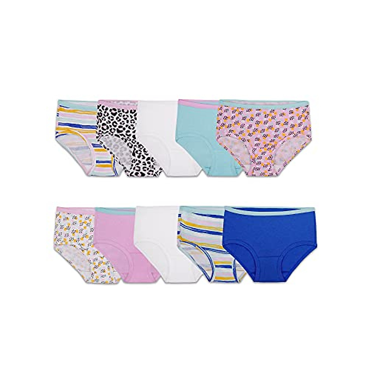 Fruit of the Loom Girls' Big Tag Free Cotton Brief Underwear Multipacks, Brief-10 Pack-White/Stripes/Animal Print, 10