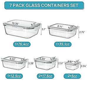 Vtopmart 2.26L/76oz Extra Large Glass Food Storage Containers with Lids, 7 Pack Meal Prep Container Set, Airtight Lunch Bento Boxes with Snap Locking Lids for Microwave, Oven, Freezer, Dishwasher