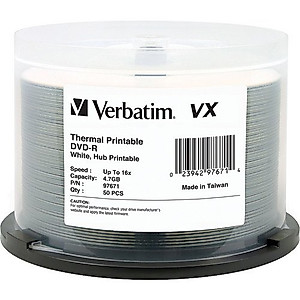 Verbatim DVD-R Blank Disc 4.7GB 16X VX Thermal and Hub Printable - Pack of 50 Spindle White (97671)
