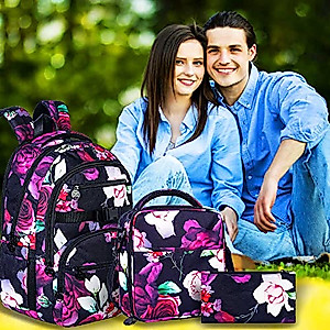 FTJCF Laptop Backpack, 16 Inch School Bag College Bookbag, Anti Theft Daypack Bags and Lunch Bag Set, Water Resistant Rose Backpacks for Teens Girls Women Students (Black)