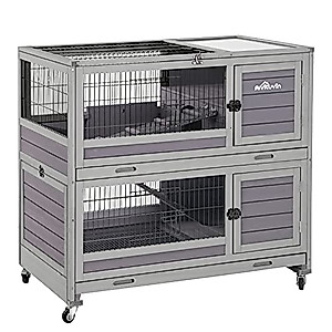 Rabbit Hutch Rabbit Cage Outdoor & Indoor on Wheels Bunny cage with Deep No Leak Pull Out Tray,Upgrade Version (Gray)