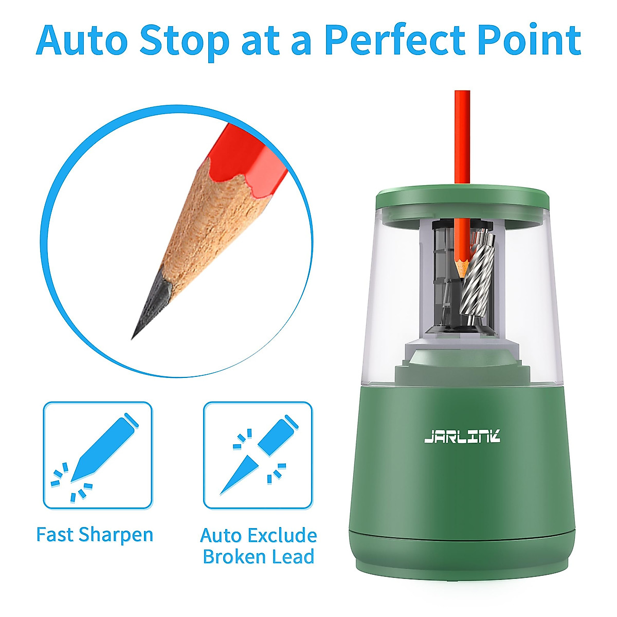 JARLINK Electric Pencil Sharpener, Heavy-Duty Helical Blade to Fast Sharpen, Auto Stop for No.2/Colored Pencils(6-8mm), USB/Battery Operated in School Classroom/Office/Home (Green)