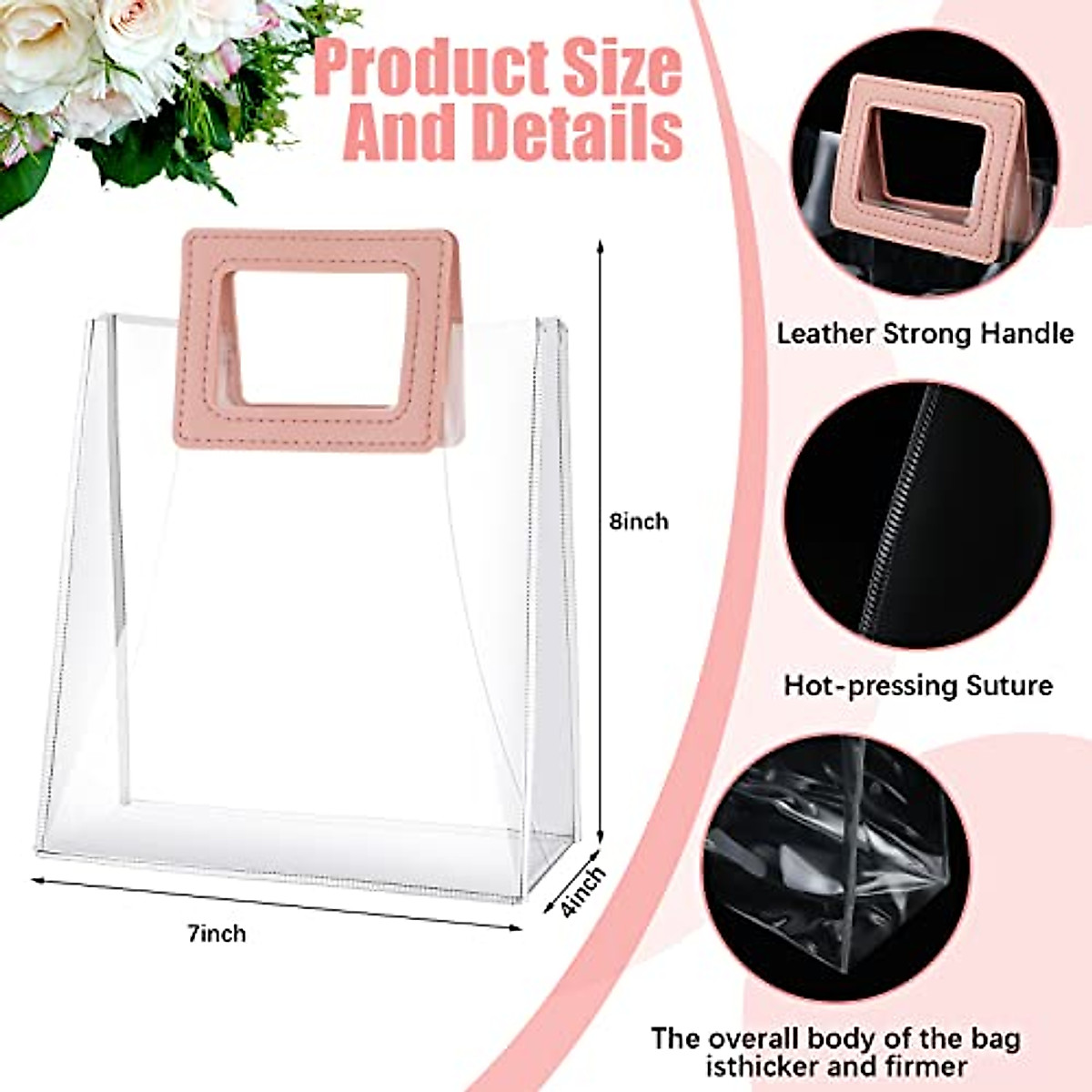 24 Pcs Clear Gift Bag with Handle, Small Transparent PVC Gift Bag Heavy Duty Bulk Tote PVC Bag Plastic Reusable Gift Wrap Bags Shopping Bags for Wedding, Bridal Baby Shower Party Favor, 7 x 4 x 8 Inch