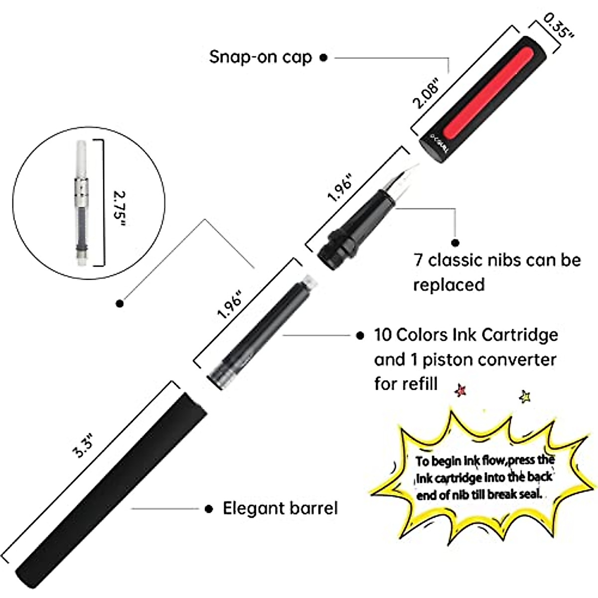 GC QUILL Calligraphy Pens Set 64pcs - Calligraphy Fountain Pen Set with 3 Fountain Pens, 7 Varied Nibs, 54 Ink Cartridges(10 Colors) - Writing, Drawing and Calligraphy Practice for beginner GC-F354