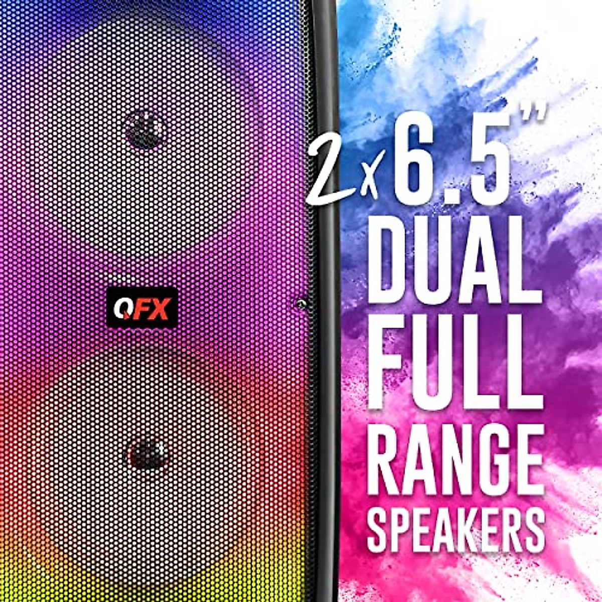 QFX LMS-66 TWS Bluetooth Rechargeable Portable Speaker with Dual 6.5" Speakers, EDR Communication, and Liquid Motion Party Lights