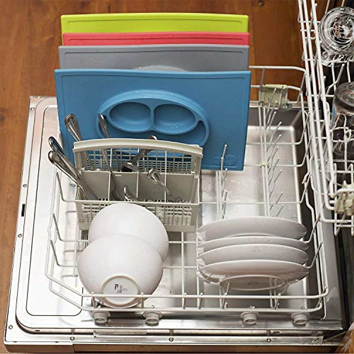 ezpz Happy Mat (Blue) New Version - 100% Silicone Suction Plate with Built-in Placemat for Toddlers + Preschoolers - Divided Plate - Dishwasher Safe