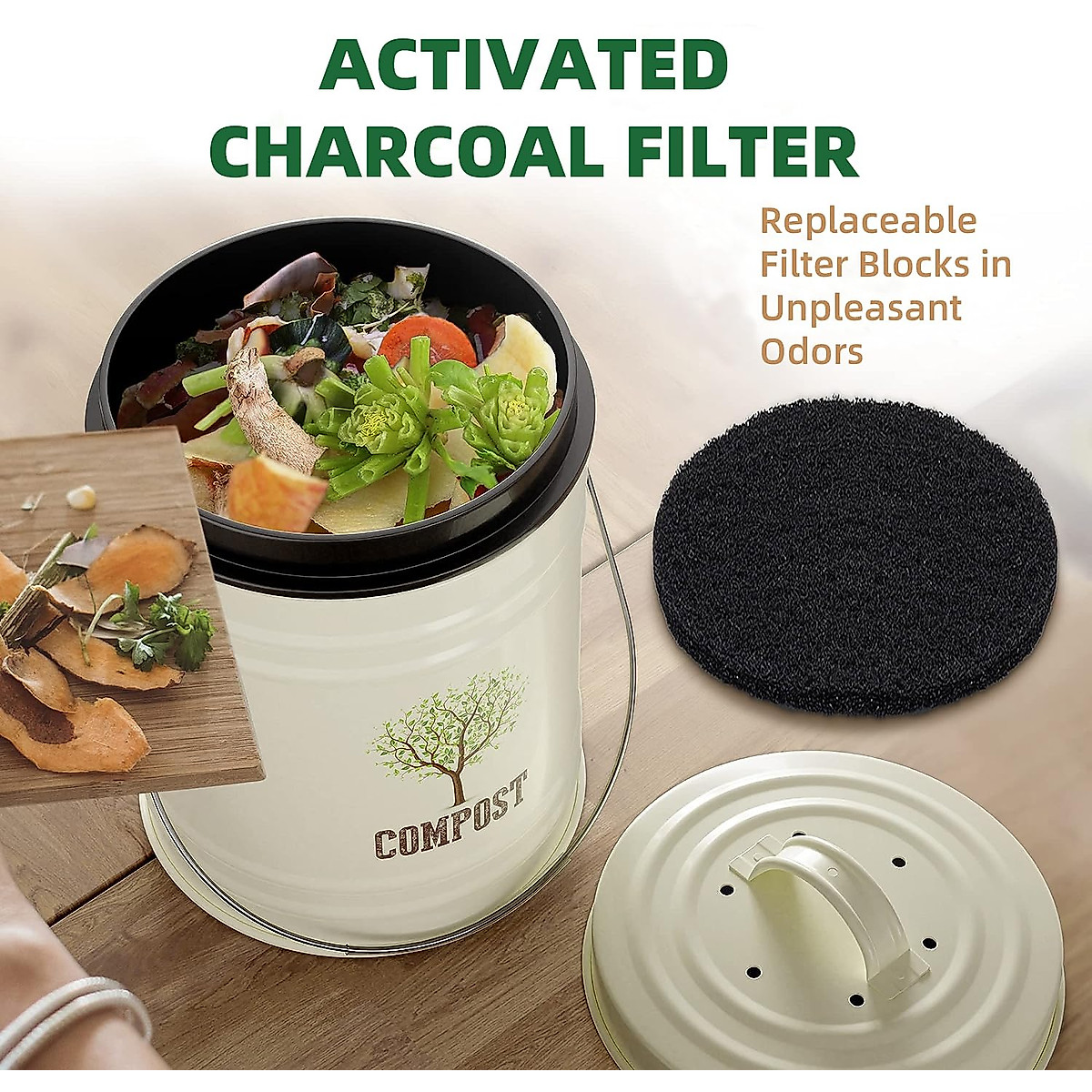 6 Pack Activated Carbon Compost Bin Filters, 6.75 Inch +5 Inch Round Replacement Filters for Kitchen Compost Pail, Countertop Bucket Refill Sets, Compatible with Compost Collector Square+Round