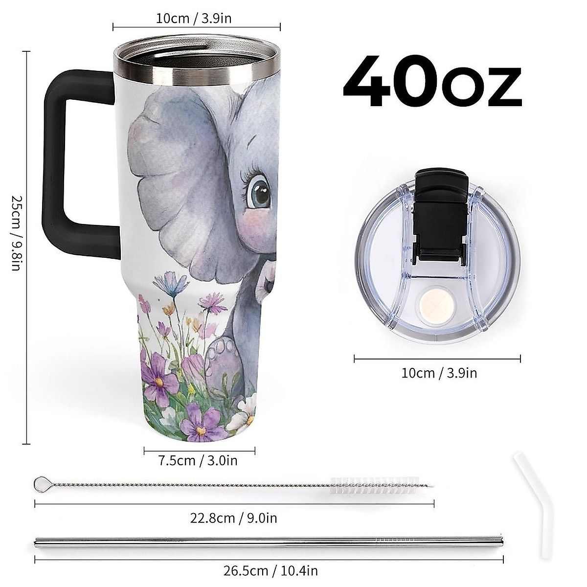 40 Oz Cute Baby Elephant Insulated Stainless Steel Tumbler with Handle & Straw Lid, Reusable Travel Cupholder Friendly Mug for Coffee, Water, Tea
