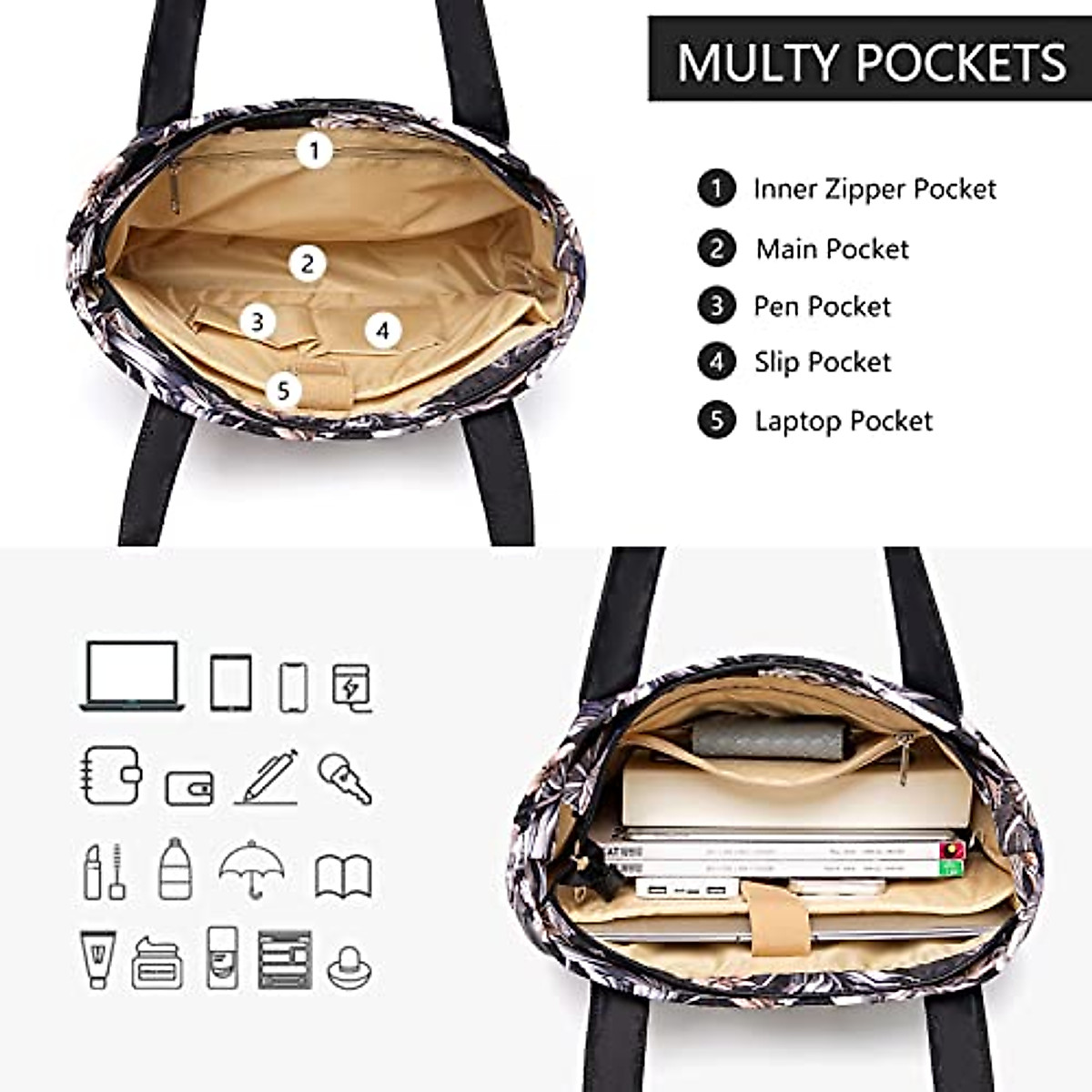 Muzale Women Tote Bag - Laptop Tote Bag with Zipper Pocket Lightweight Shoulder Bag Handbag Purse for Work Gym Beach Travel