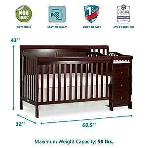Dream On Me 5-in-1 Brody Full Panel Convertible Crib in Espresso with Changer, Spacious Drawers, Detachable Changing Table, 1''Changing Pad