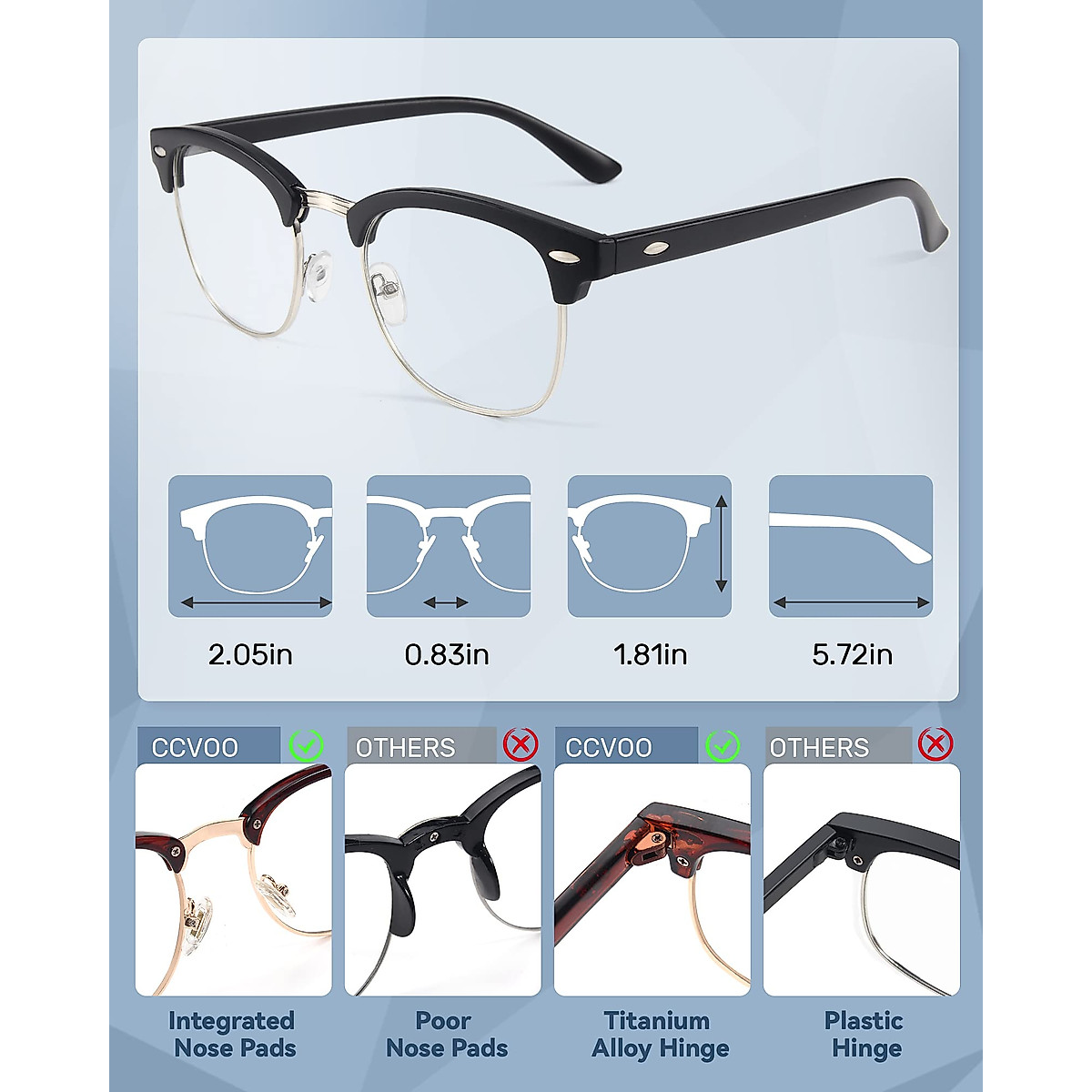 CCVOO 3 Pack Reading Glasses Blue Light Blocking, Retro Semi Rimless Readers for Men Women, Round Eyewear Filter UV400 (C1 Matte Black Silver/Clear Silver/Tea Gold, 2.0, multiplier_x)