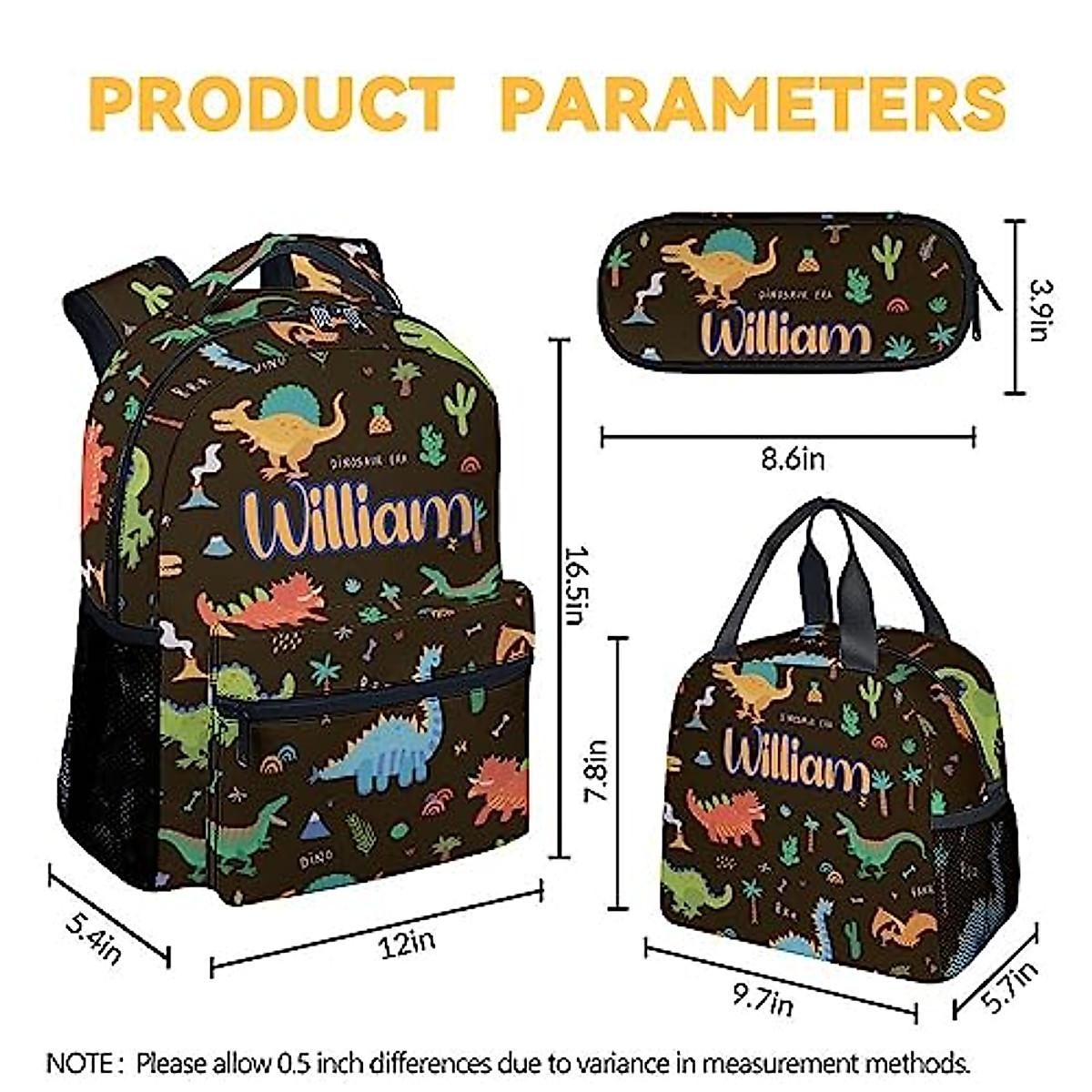 Custom Dinosaur Backpack with Lunch Box for Boys Girls, Personalized Set of 3 School Backpacks Matching Combo, Cute Colorful Bookbag and Pencil Case Bundle