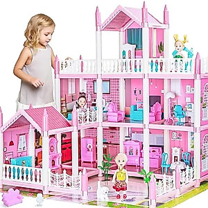 Big Doll House for Kids, 3-Story 8 Rooms Princess Dream House Toys with Doll & Doll Furnitures, DIY Dollhouse with Light Strip