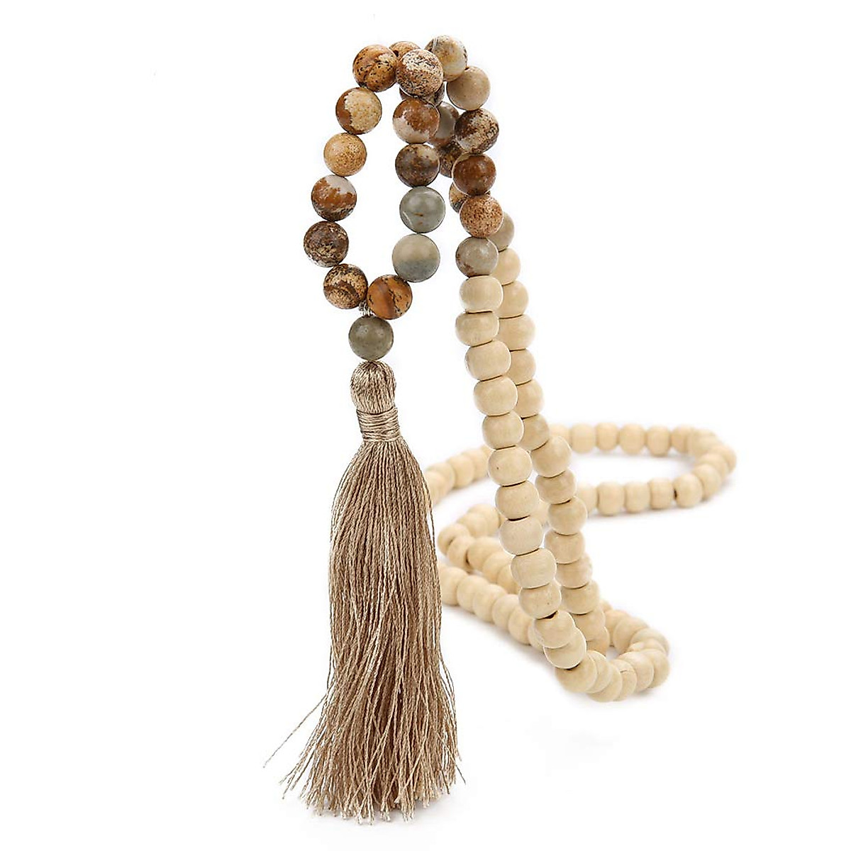 BALIBALI 8MM Semi-Precious Gem Stones Wood Mala Bead Necklace Multicolor Tassel Charms Chain Necklace Handmade Beaded Pendant Necklace for Women Men