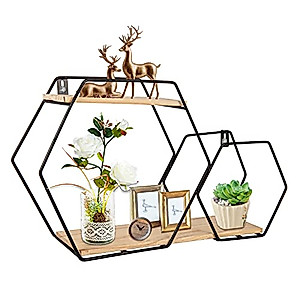 Floating Shelves Cute Honeycomb Shelves, Hexagon Wall Mounted Shelves with Metal Bracket Rustic Solid Wood, Wall Shelves for Living Room,Bedroom