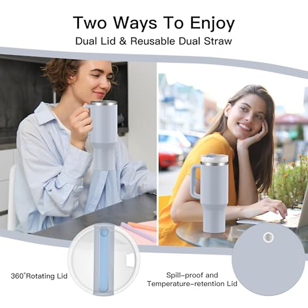 Bailkind 40oz 1180ml Tumbler With Straw and Lid X2, Spill-Proof Double Wall Stainless Steel Vacuum Insulated Cup Travel Flask Mug With Handle for Water, Iced/Hot Tea or Coffee