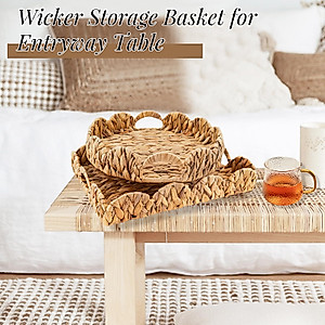 Scalloped Wicker Tray 2-Pack Woven Rattan Baskets with Handle Natural Water Hyacinth Wicker Tray Shelf Decorative Round and Square Wicker Storage Baskets for Bathroom Living Room Organizer