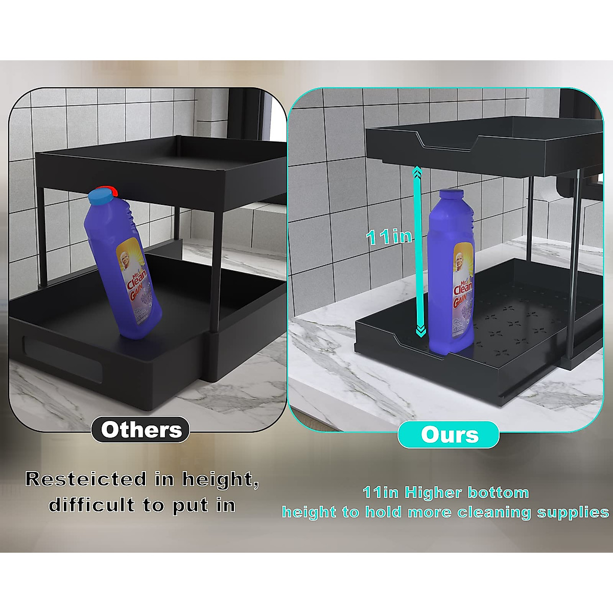 THEYFIRST 2 Pack Under Sink Organizers and Storage 2-Tier Double Sliding Pull-out Drawer, Under the Sink Organizer Kitchen Multi-purpose Under Bathroom Sink Shelf Storage Rack for Cabinet -Black